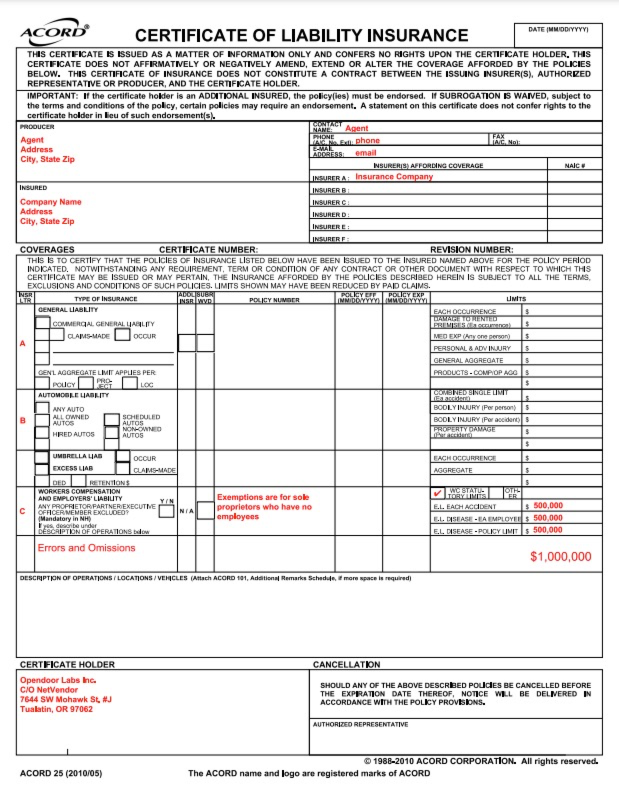 tier 2 sample coi required for onsite non renovation work